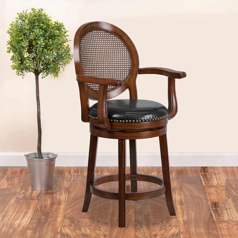 Darby Home Co Nyo Wood Transitional Style Dining Stool with Arms Woven Rattan Back and LeatherSoft Swivel Seat Reviews Wayfair